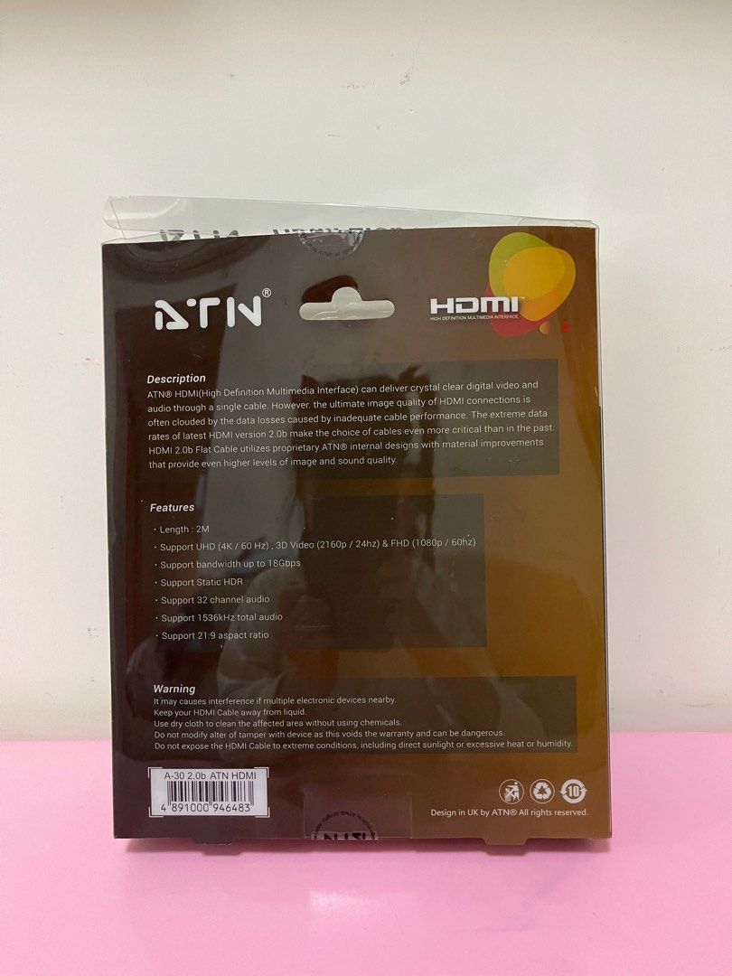 ATN HDMI 2.0b Flat Cable, 2M, 4K, 電腦＆科技, 電腦周邊及配件, 電腦線、轉接線及轉換器 - Carousell