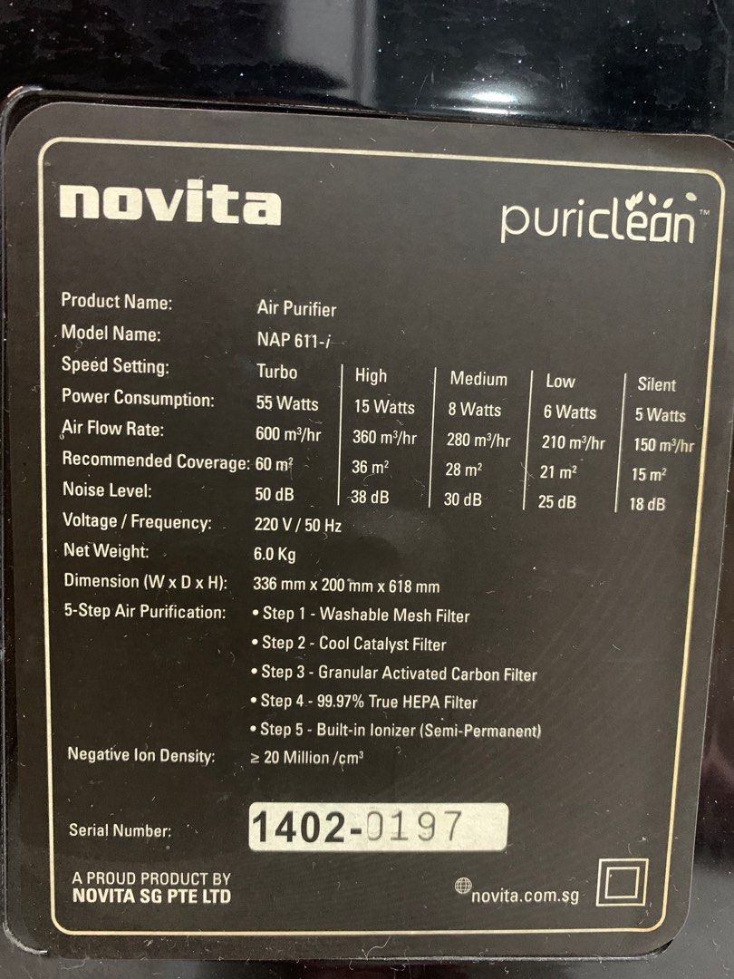Black Novita Puriclean NAP 611-i, TV & Home Appliances, Air Purifiers ...