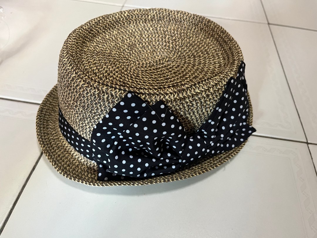 Brand new rattan hat with black with white polka dots hat, Women's ...