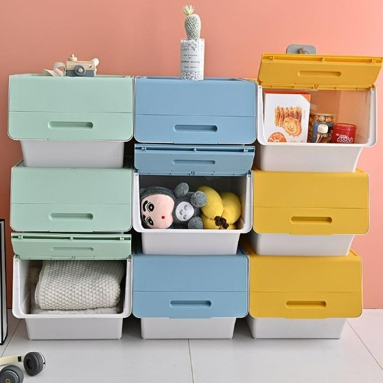 Bundle of 4 Stackable Plastic Storage Boxes Space Saving Organizer ...