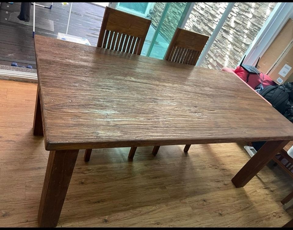 Beautiful 2m Long Solid Wood Dining Table + Chairs & Bench - half price ...