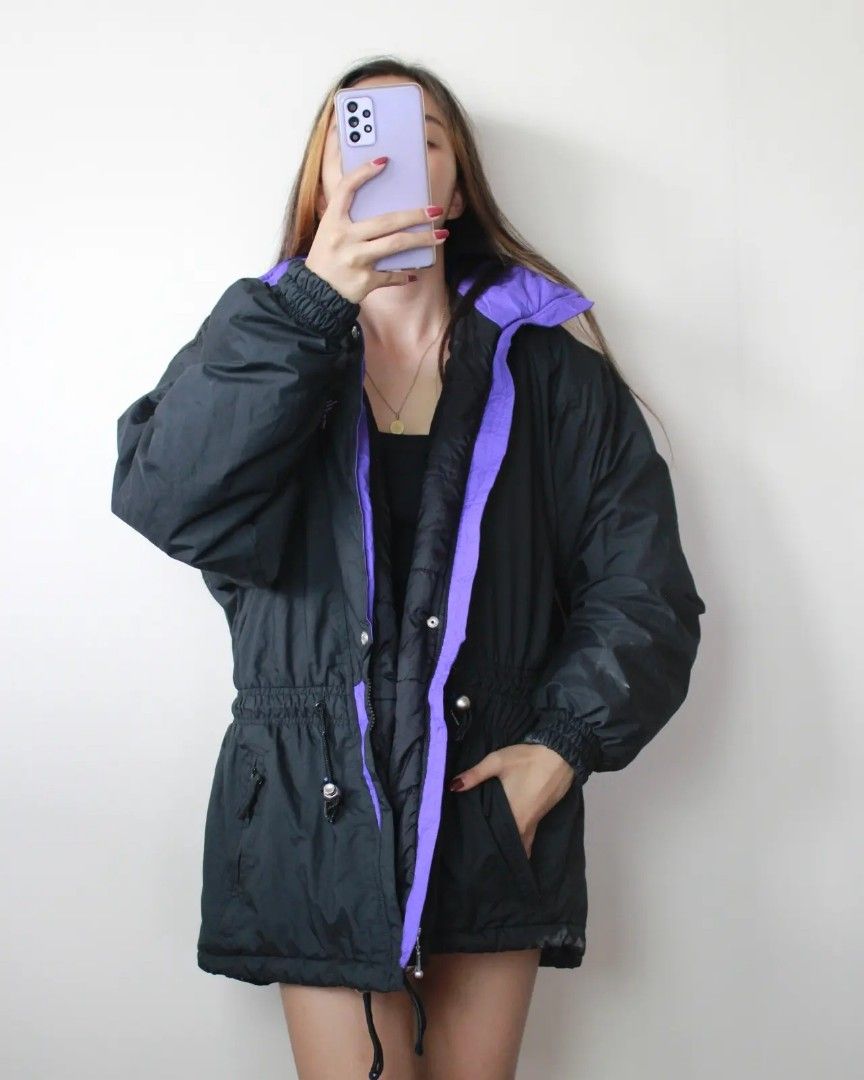 Large RA Sports Brand Black and Purple Puffer Jacket with Hood, Women's ...