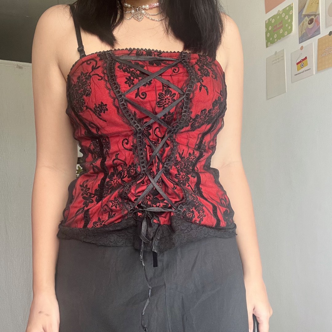 red coquette alt grunge goth victorian y2k corset top, Women's Fashion ...