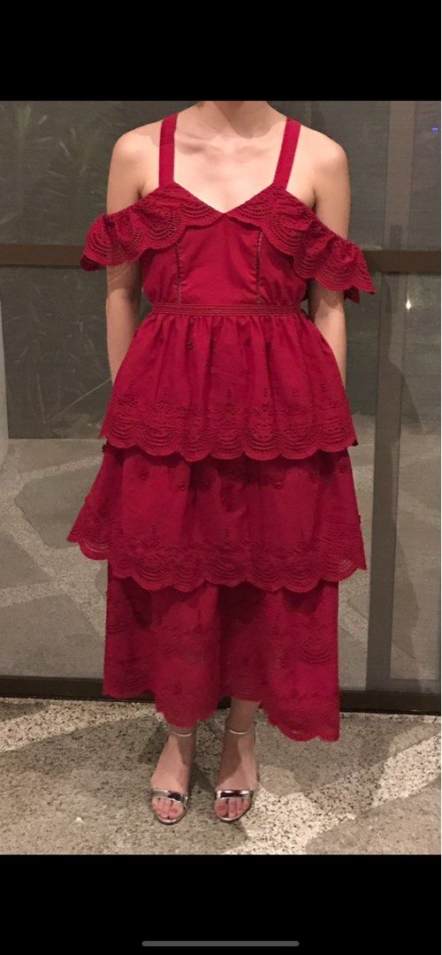 Self Portrait Red Tiered Dress Size UK 6/US 2, Women's Fashion, Dresses ...