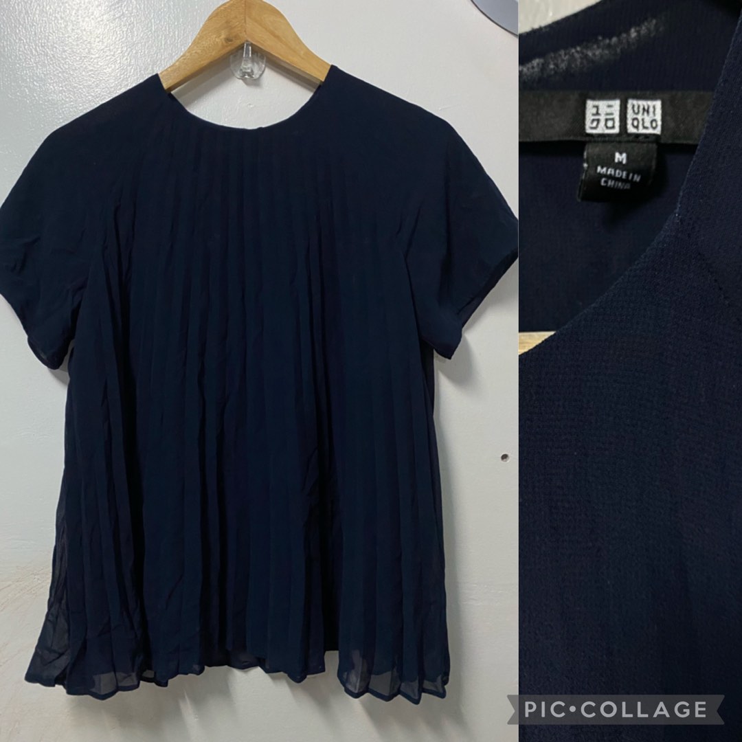 Uniqlo pleated navy blue, Women's Fashion, Tops, Blouses on Carousell