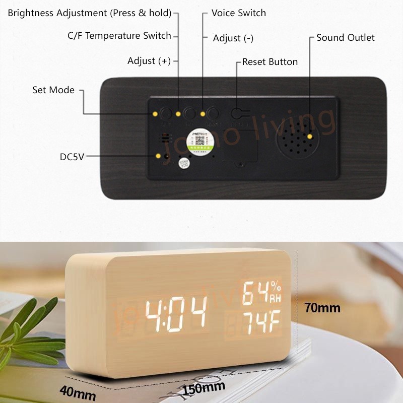 3 in 1 Humidity Temperature Digital Alarm Clock Wooden bedside clock ...