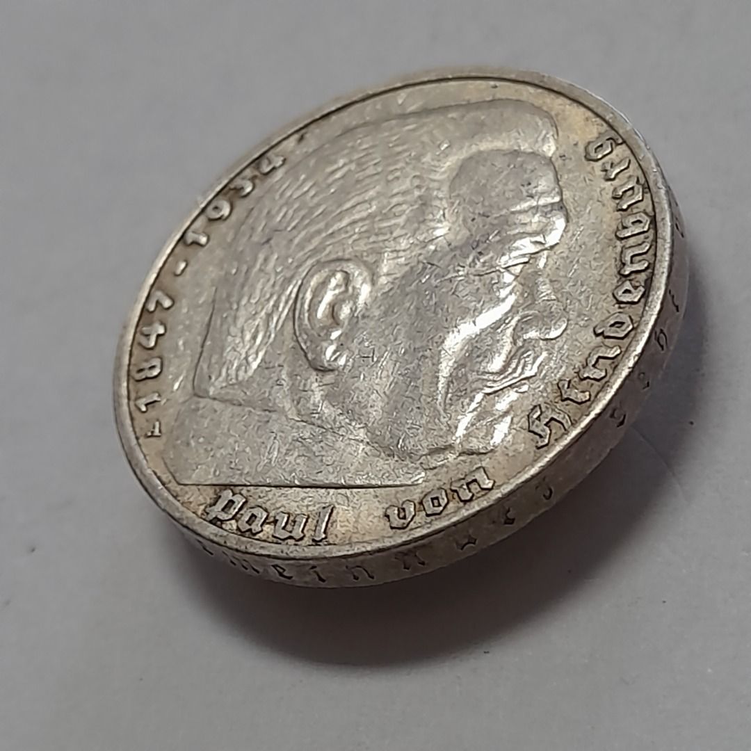 5-REICHSMARK 1936- German .900 SILVER Coin- PAUL VON HINDENBURG Field ...