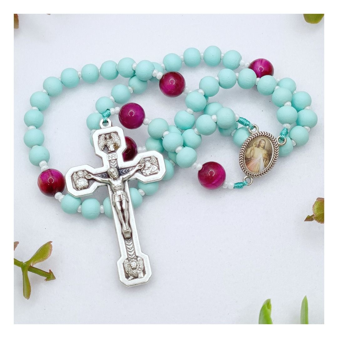 Chaplet of Divine Mercy Light Blue Wood Rosary, Rose Tiger Eye, 14 ...