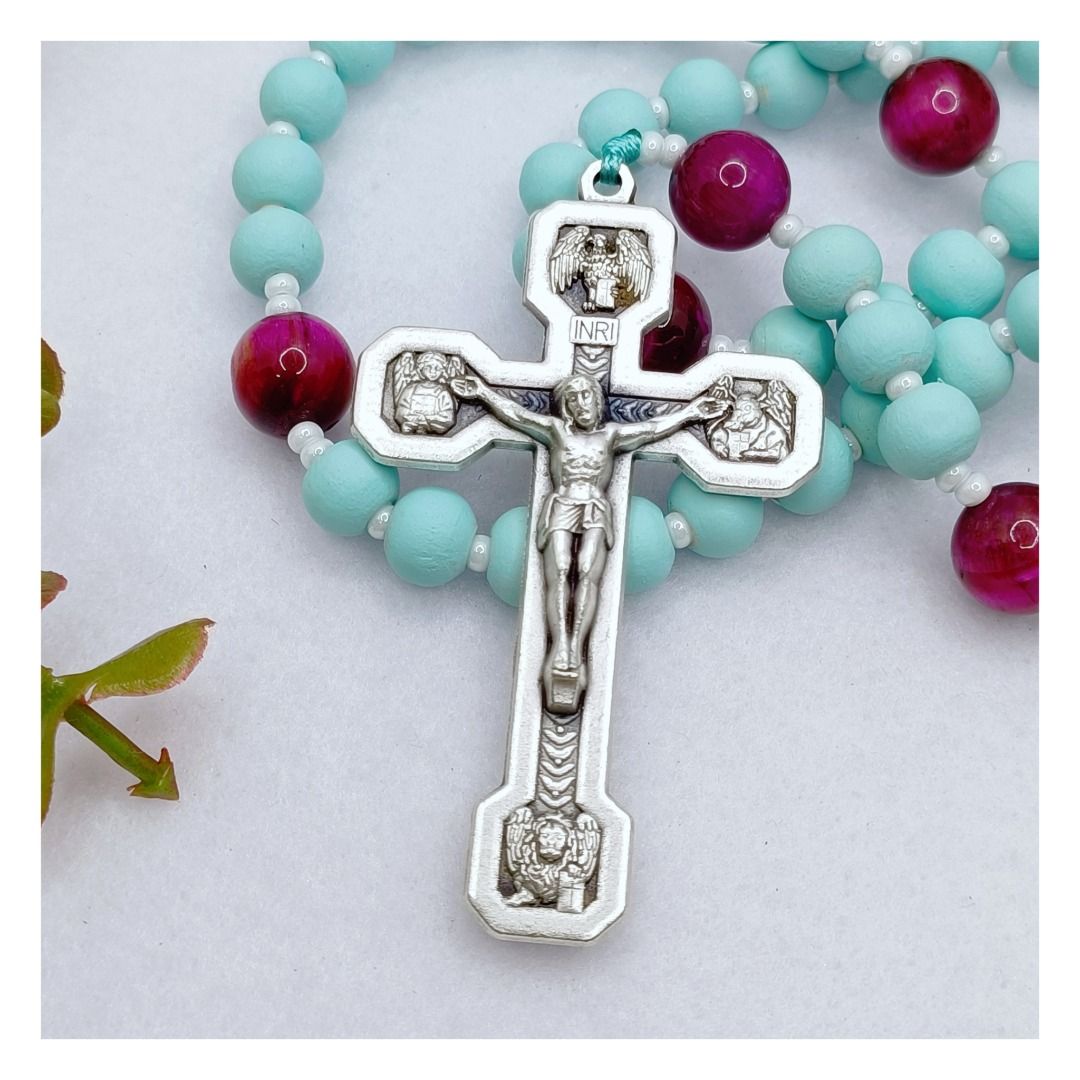 Chaplet of Divine Mercy Light Blue Wood Rosary, Rose Tiger Eye, 14 ...