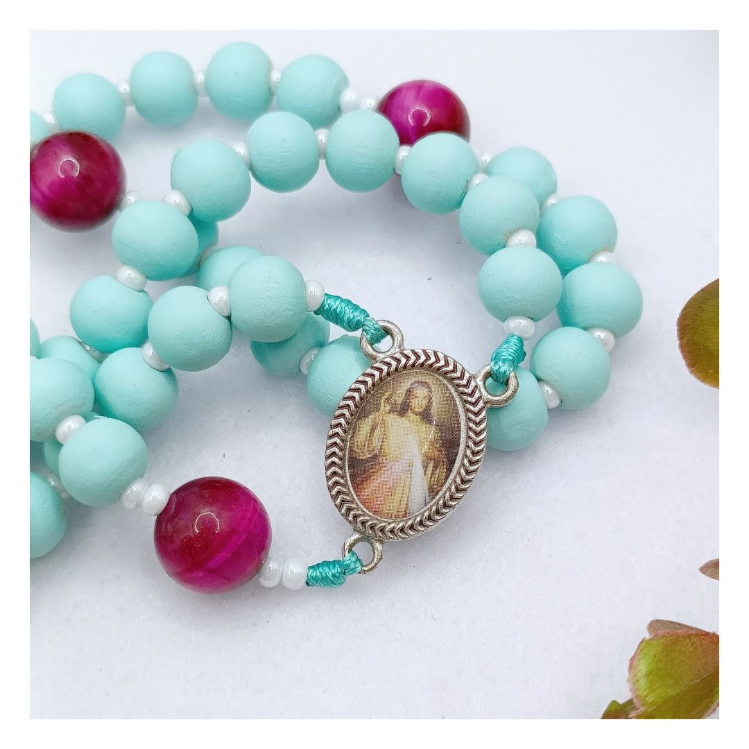 Chaplet of Divine Mercy Light Blue Wood Rosary, Rose Tiger Eye, 14 ...