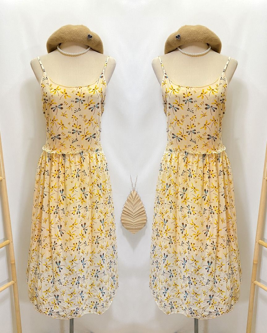 DA8-yellow floral mesh dainty korean maxi dress, Women's Fashion ...