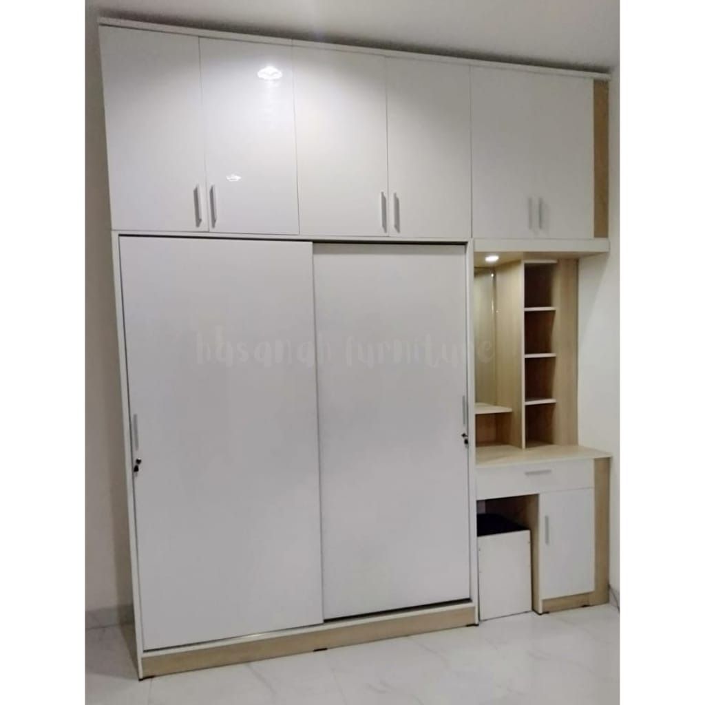 Lemari pakaian sliding 2 pintu box atas meja rias satu paket jumbo murah minimalis, Perabotan ...