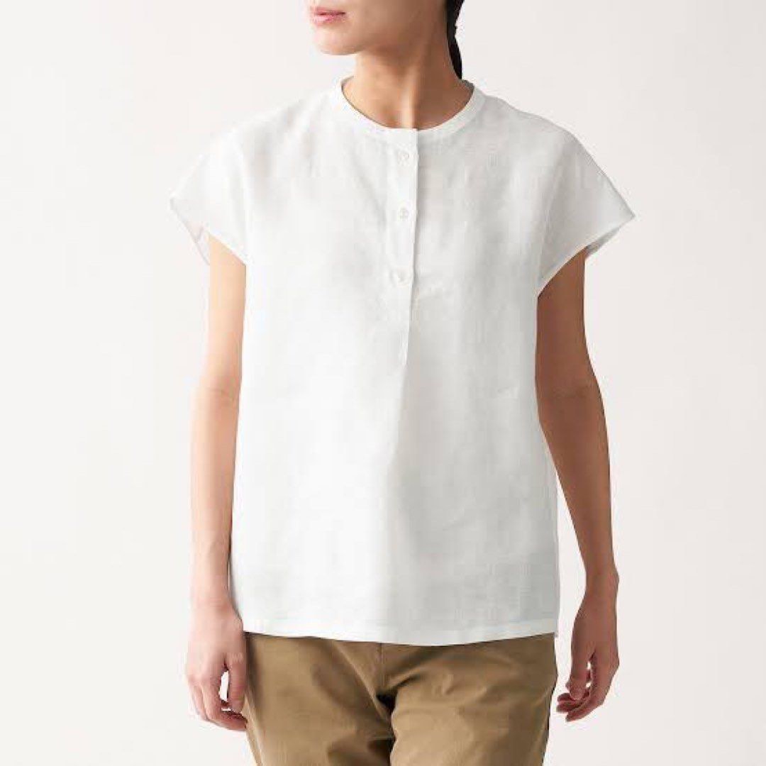 MUJI linen french sleeve top, Women's Fashion, Tops, Blouses on Carousell