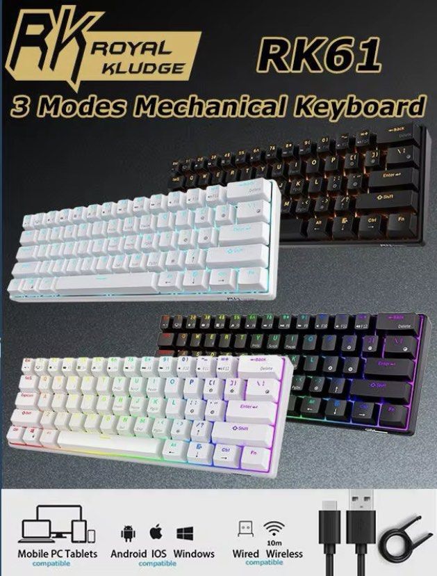 Royal Kludge RK61 RGB Hotswappable Bluetooth Mechanical Keyboard 2.4G Wireless Mechanical/Gaming ...