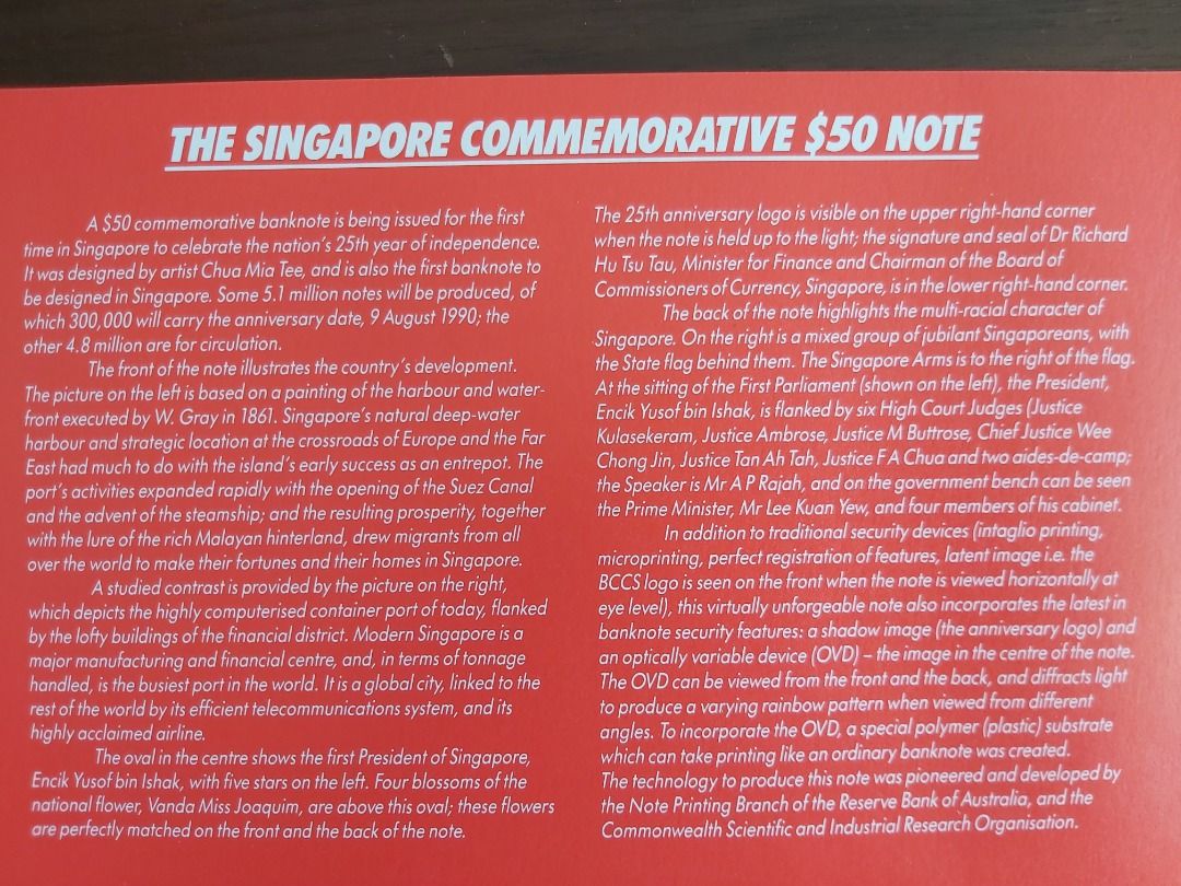 Singapore 25th Anniversary SGD 50 Commemorative note. Comes with a ...