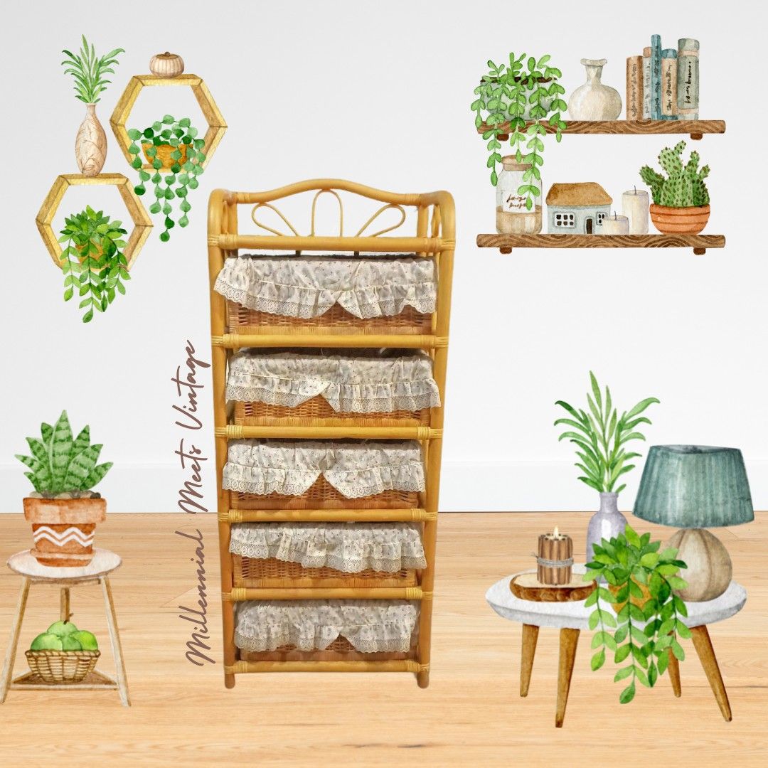 Tall 5 layer rattan drawer bentwood wicker farmhouse cottagecore shabby ...