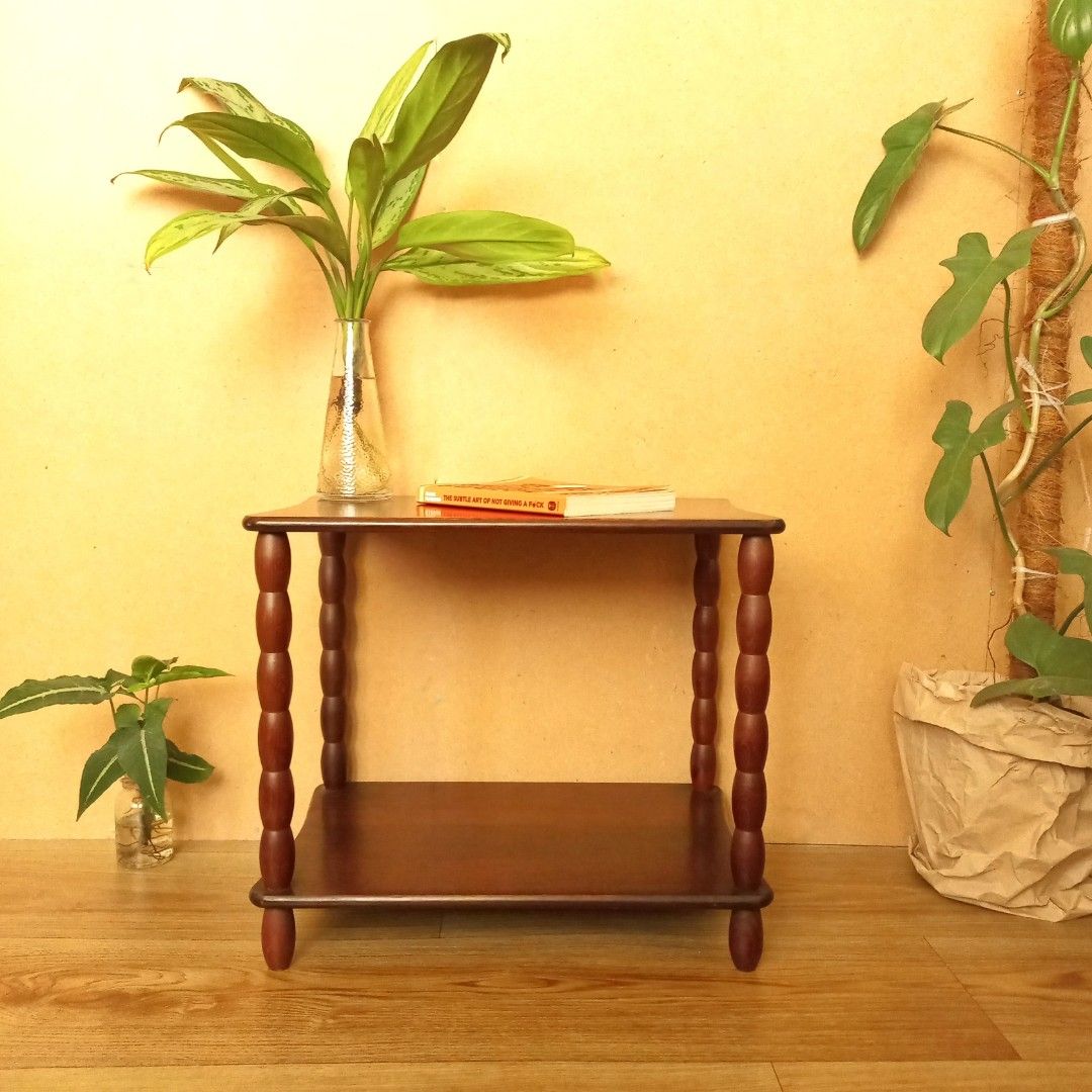 Vintage 2-tier oak wood mini side table spindle legs, Furniture & Home ...