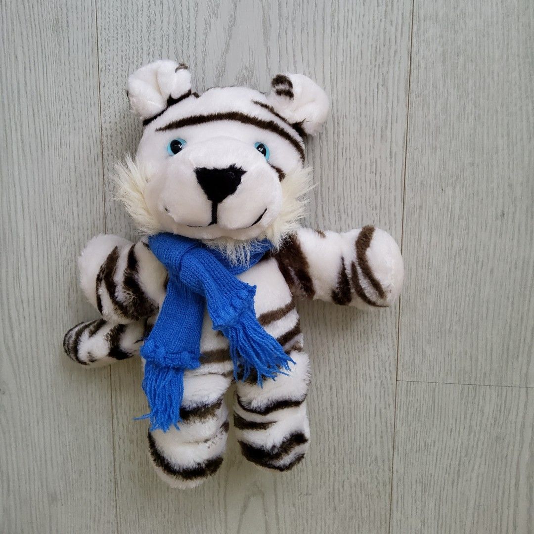 28cm White Tiger Plushie with Blue Winter Scarf Children Kids Plushy ...