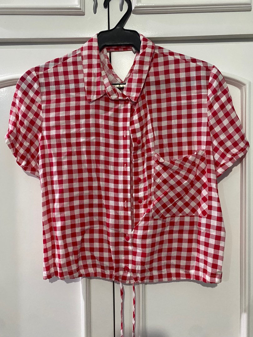 Bershka Red Checkered Botton Down Top, Women's Fashion, Tops, Blouses ...