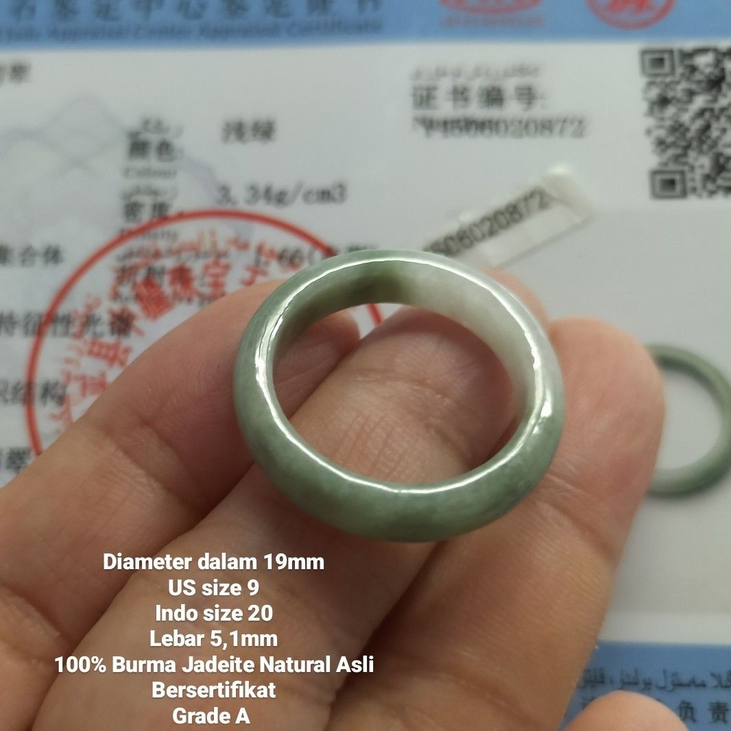 Cincin 100% Giok Asli 19mm/ Indo Size 20 Jadeite Bersertifikat 0872 ...