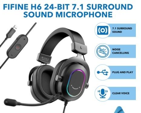 Fifine H6 24-bit 7.1 Surround Sound USB Gaming Headset with 320g Weight ...