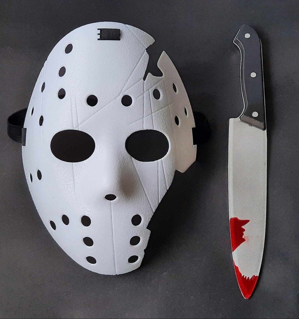 Halloween Mask Jason Hockey Mask Crack Version with Knife Set, Hobbies ...
