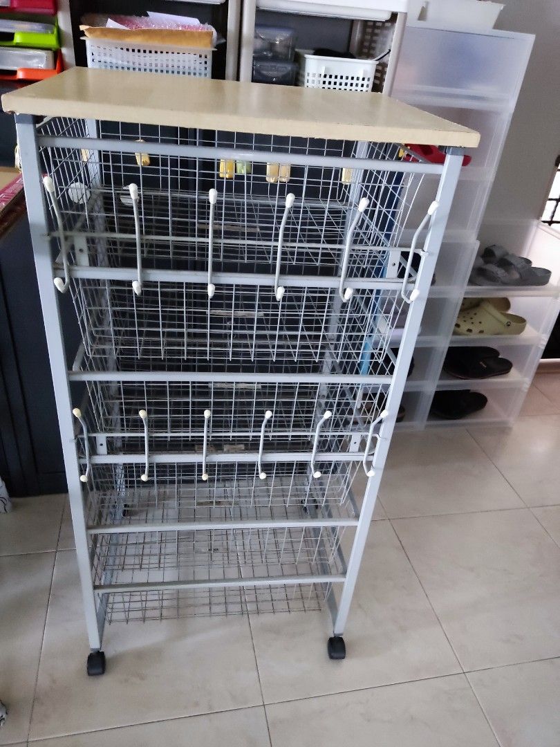 Ikea Six Tiers Metal shelf with Wheels, Hooks and Wooden Top Board ...