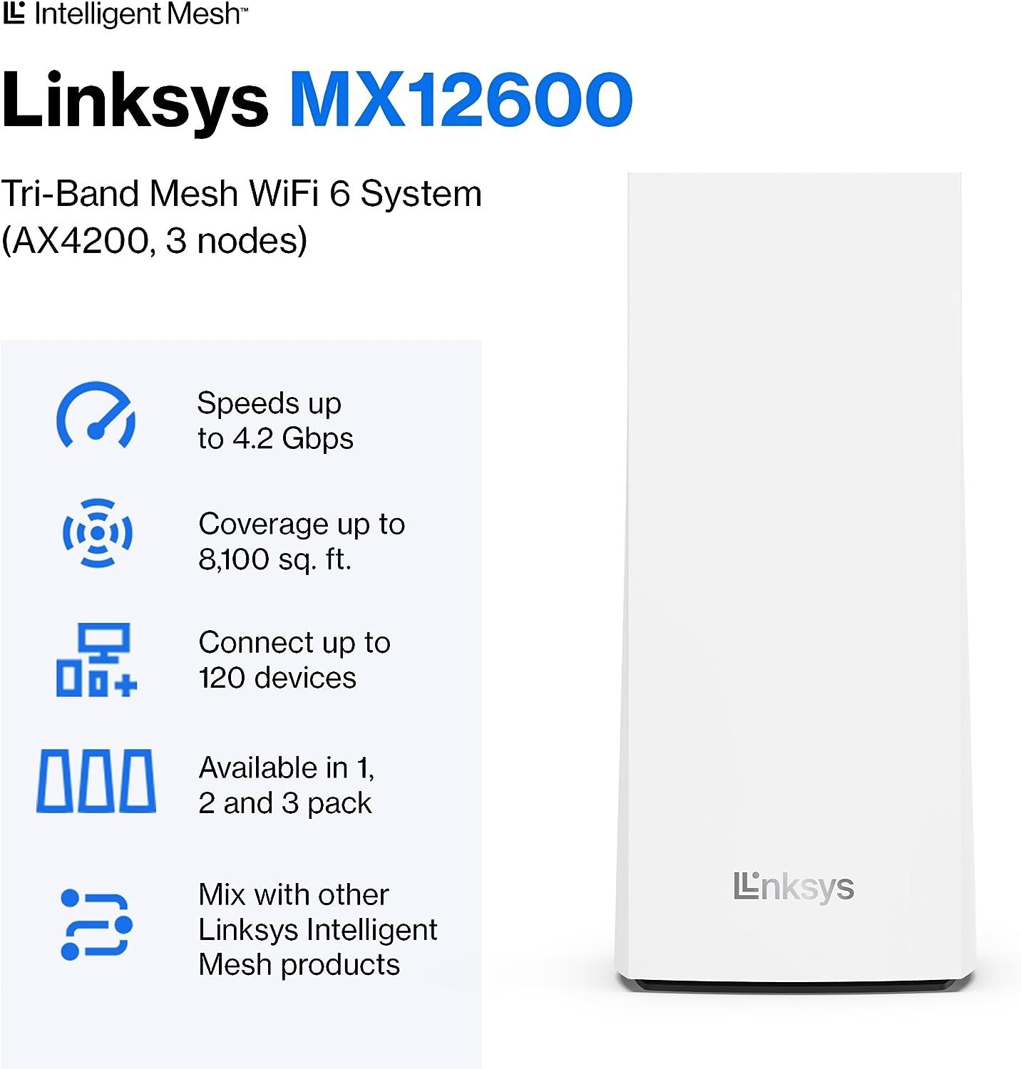 Linksys MX12600 Mesh WiFi Router - AX4200 WiFi 6 Router - Velop Tri-Band WiFi Mesh Router - WiFi ...