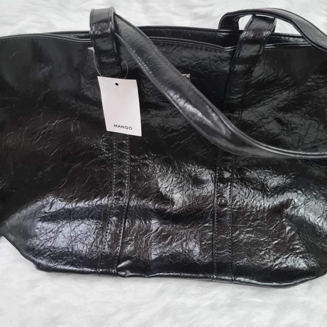 Mango large tote black shiny faux leather beach classy work elegant ...