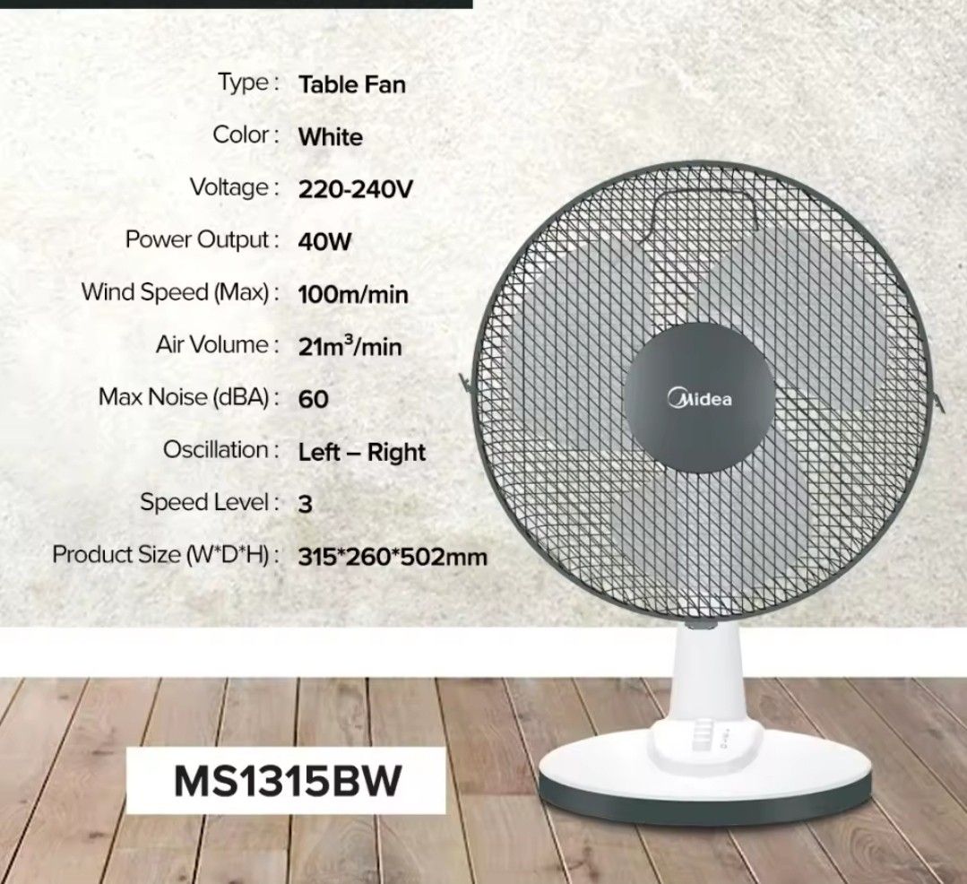Midea MS1315BW White 12 Inches Smooth Oscillation Table Fan with 3 ...