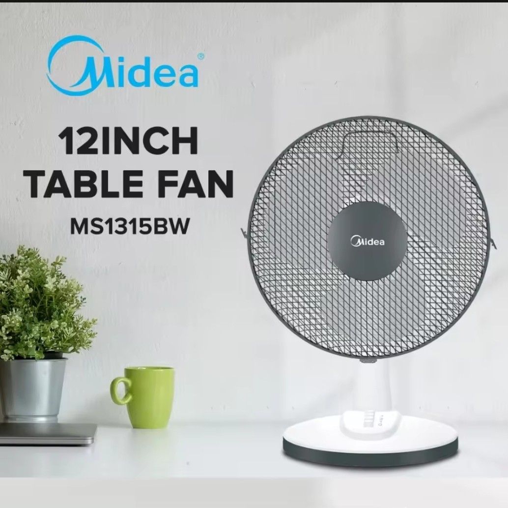 Midea MS1315BW White 12 Inches Smooth Oscillation Table Fan with 3 ...