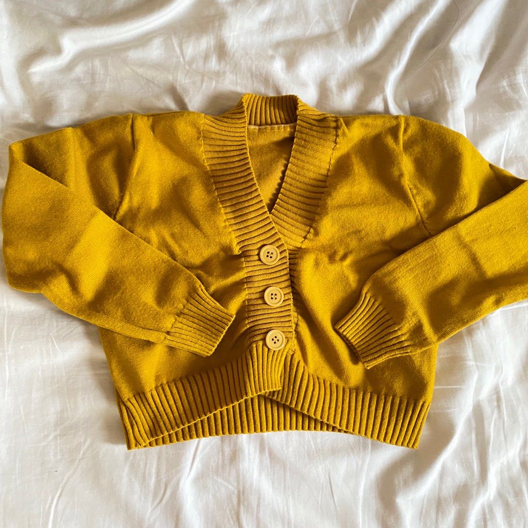 MUSTARD YELLOW CROPPED CARDIGAN, Women's Fashion, Coats, Jackets and ...