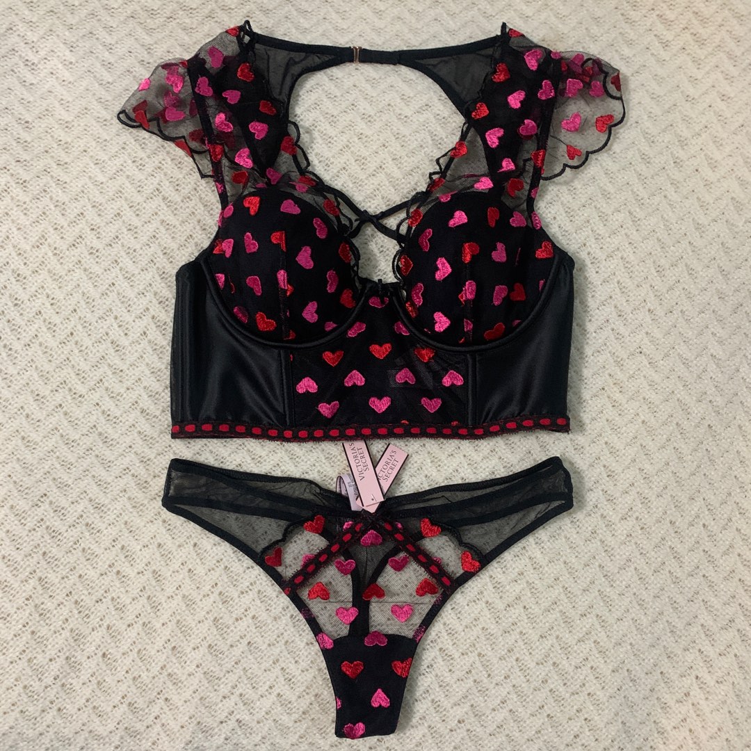 Victoria Secret Heart Motif Corset Lingerie Bra Thong Panty Set // Trades Welcomed, Women's ...