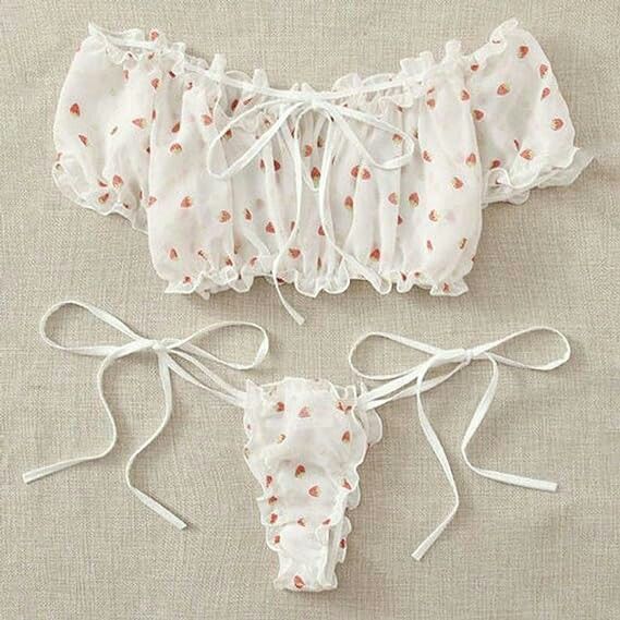 2pc Cute Strawberry-print Lingerie Set Ladies Underwear (White), Women ...