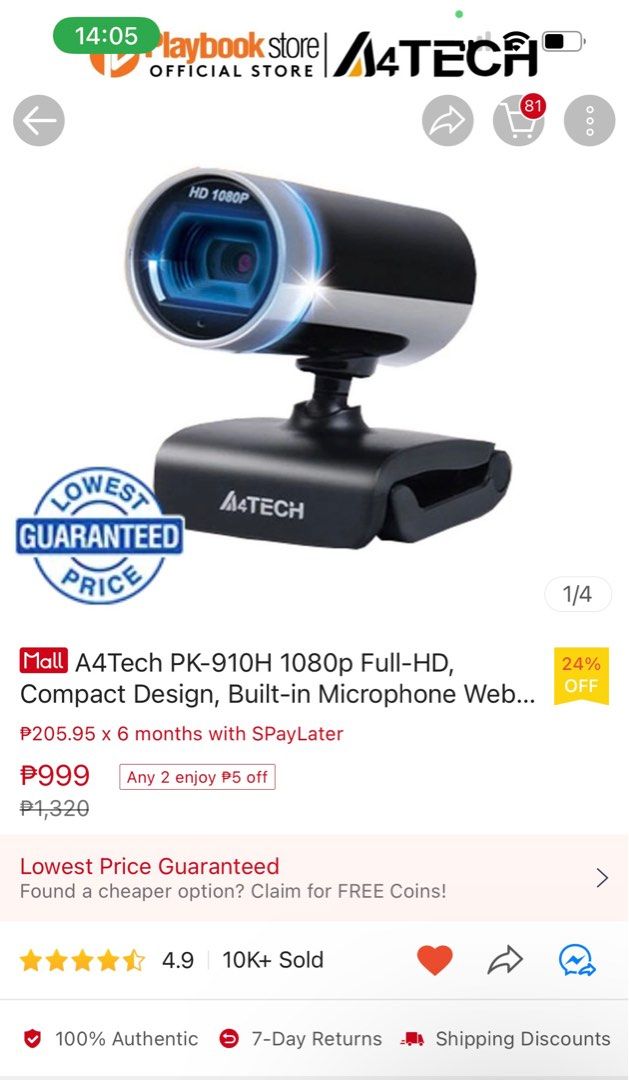 A4tech pk-910h 1080p Full HD, Compact design, Built-in microphone ...