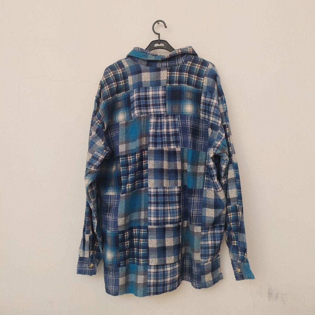 A.T.C Kemeja Flannel Lengan Panjang Patchwork Blue Veterano Wool Y2K ...