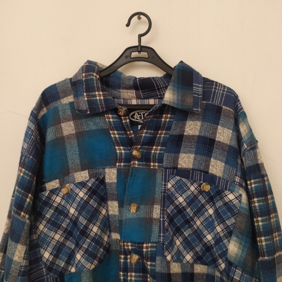 A.T.C Kemeja Flannel Lengan Panjang Patchwork Blue Veterano Wool Y2K ...