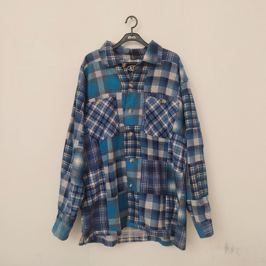 A.T.C Kemeja Flannel Lengan Panjang Patchwork Blue Veterano Wool Y2K ...