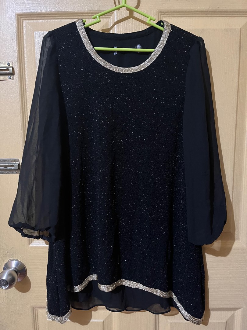 Black Shimmering Top Sheer Sleeves, Women's Fashion, Tops, Blouses on ...