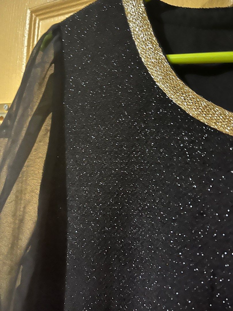 Black Shimmering Top Sheer Sleeves, Women's Fashion, Tops, Blouses on ...