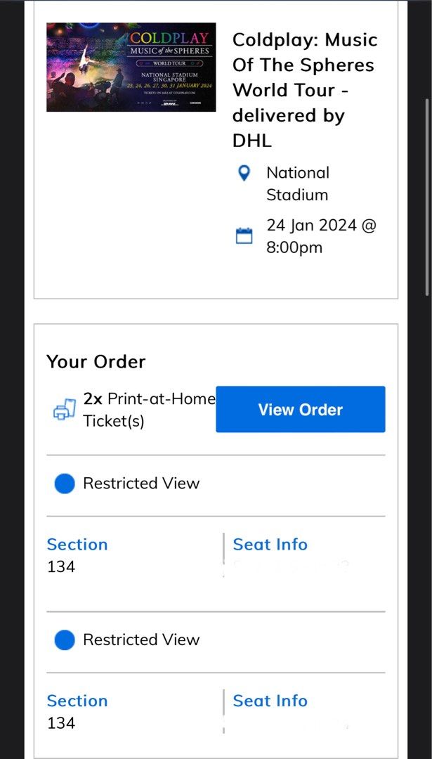 Coldplay 24 jan 2024 cat 10, Tickets & Vouchers, Event Tickets on Carousell