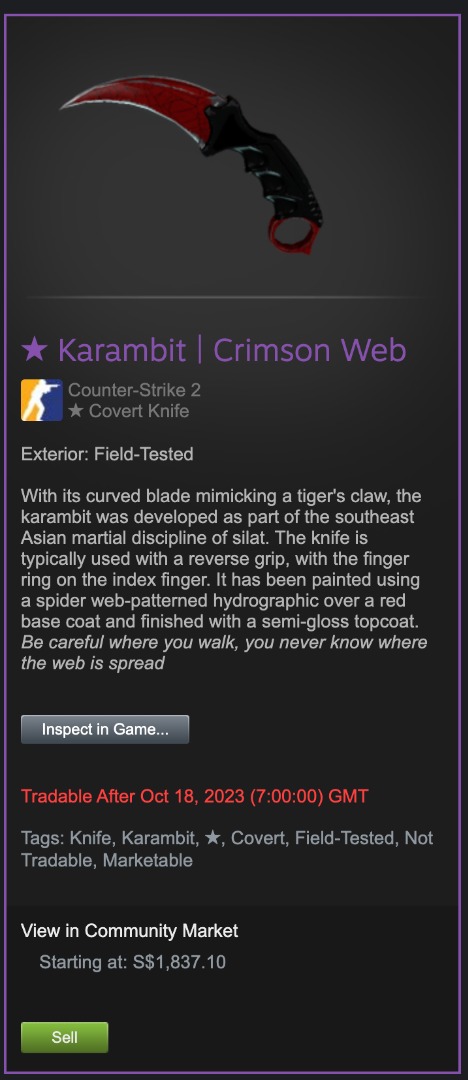 CS2 CSGO Crimson Web Karambit FT, Video Gaming, Gaming Accessories, In ...