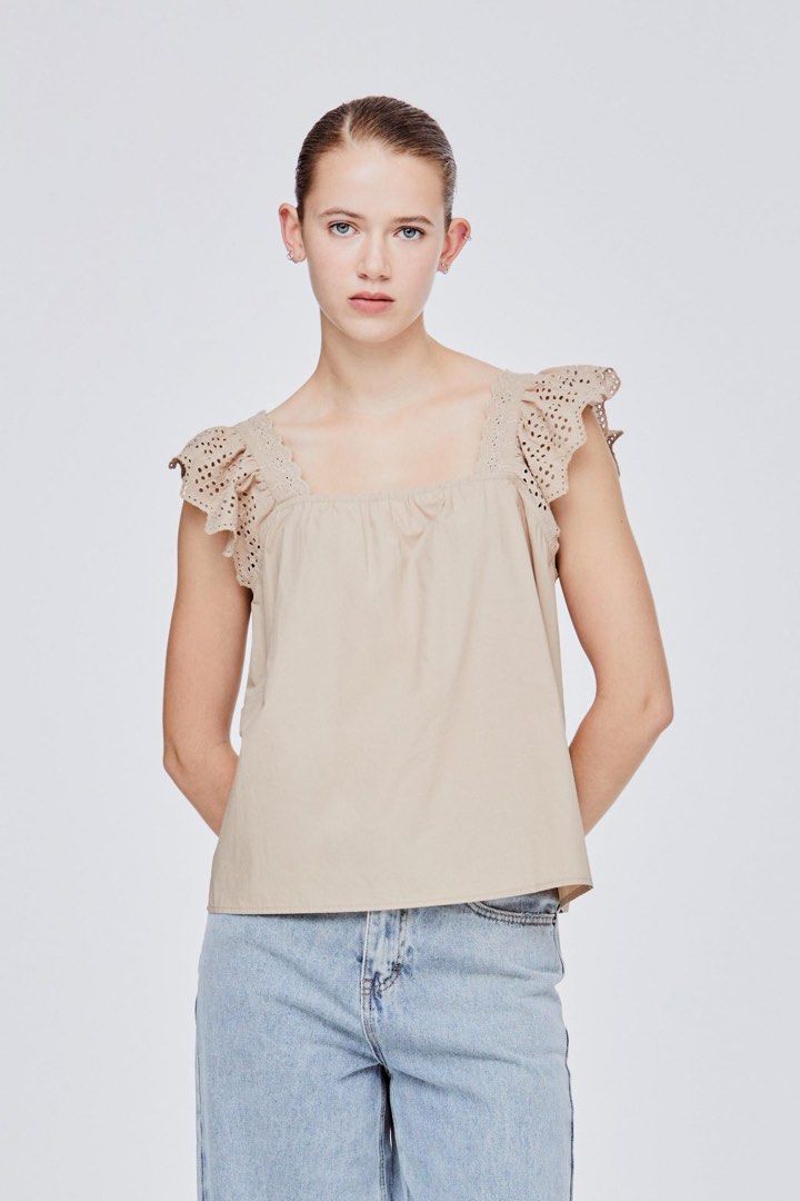 Ruffle Sleeve Blouse in Khaki, Women's Fashion, Tops, Blouses on Carousell