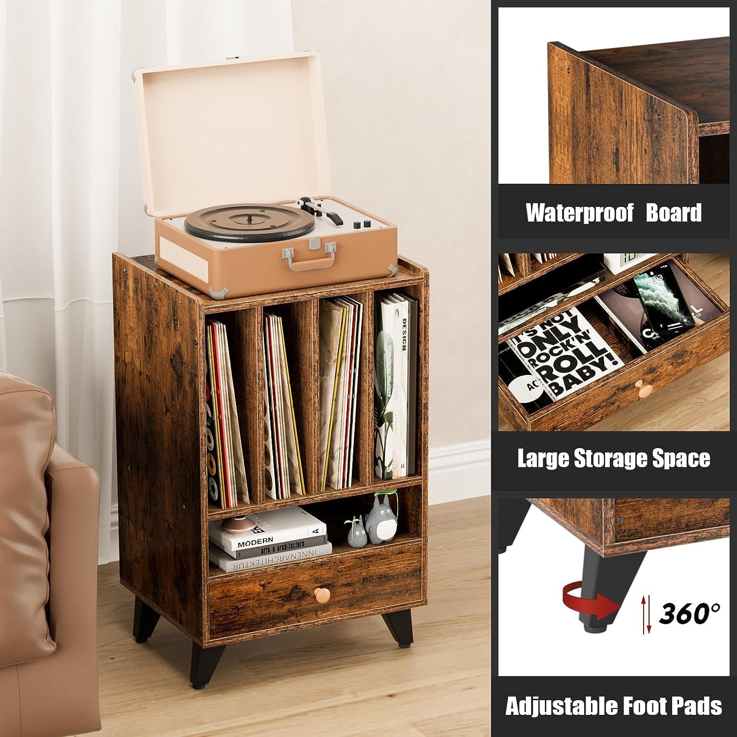 Gannyfer Vinyl Record Storage Table,3-Tier Record Player Stand with ...