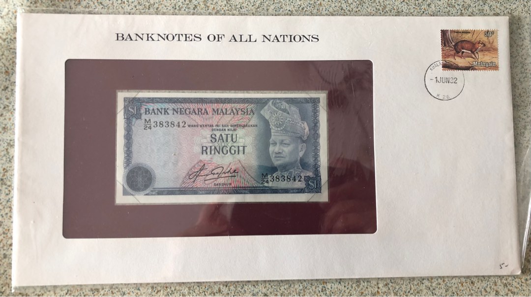 Malaysia banknotes 1 Riggit in a cover with Malaysia. Stamp, Hobbies ...