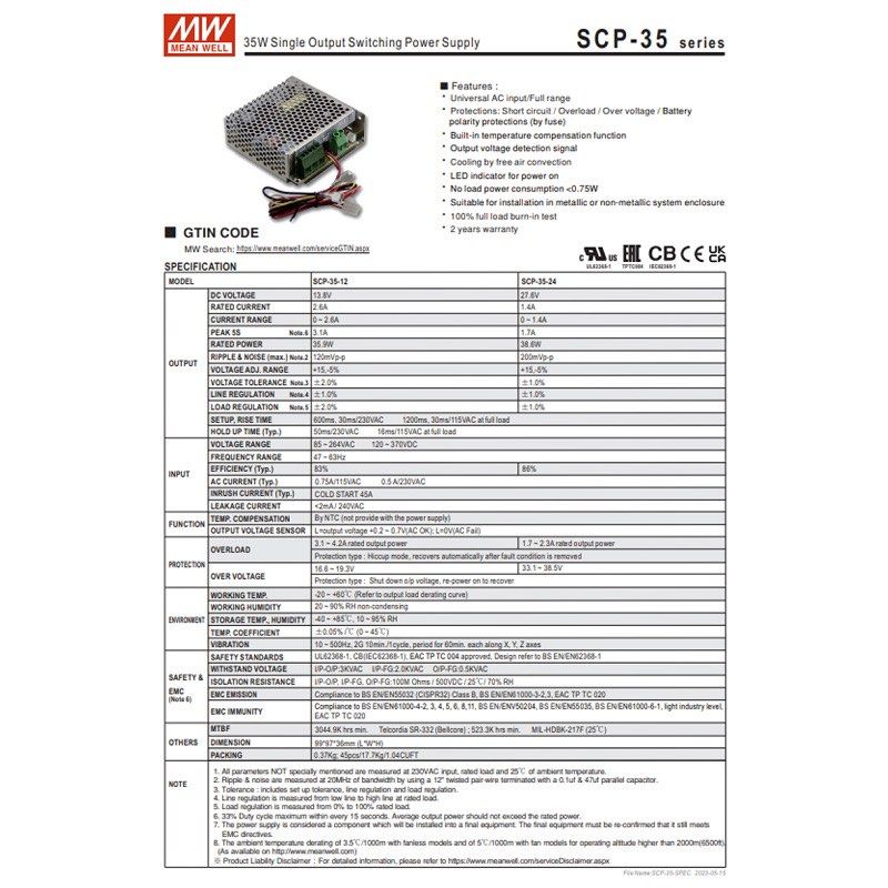SCP-35-12 Mean Well Power Supply - 35.9W 13.8V 2.6A for Security Camera ...