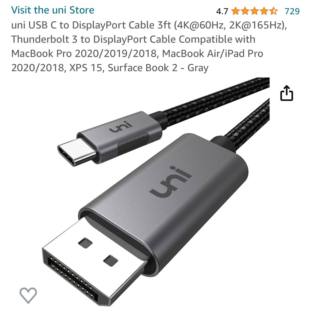 uni USB C to DisplayPort Cable 3ft (4K@60Hz, 2K@165Hz), Thunderbolt 3 ...