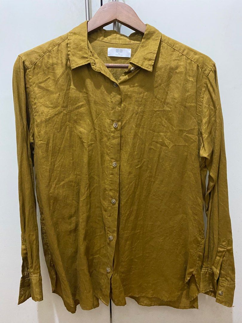 Uniqlo golden brown polo linen long sleeves, Women's Fashion, Tops ...