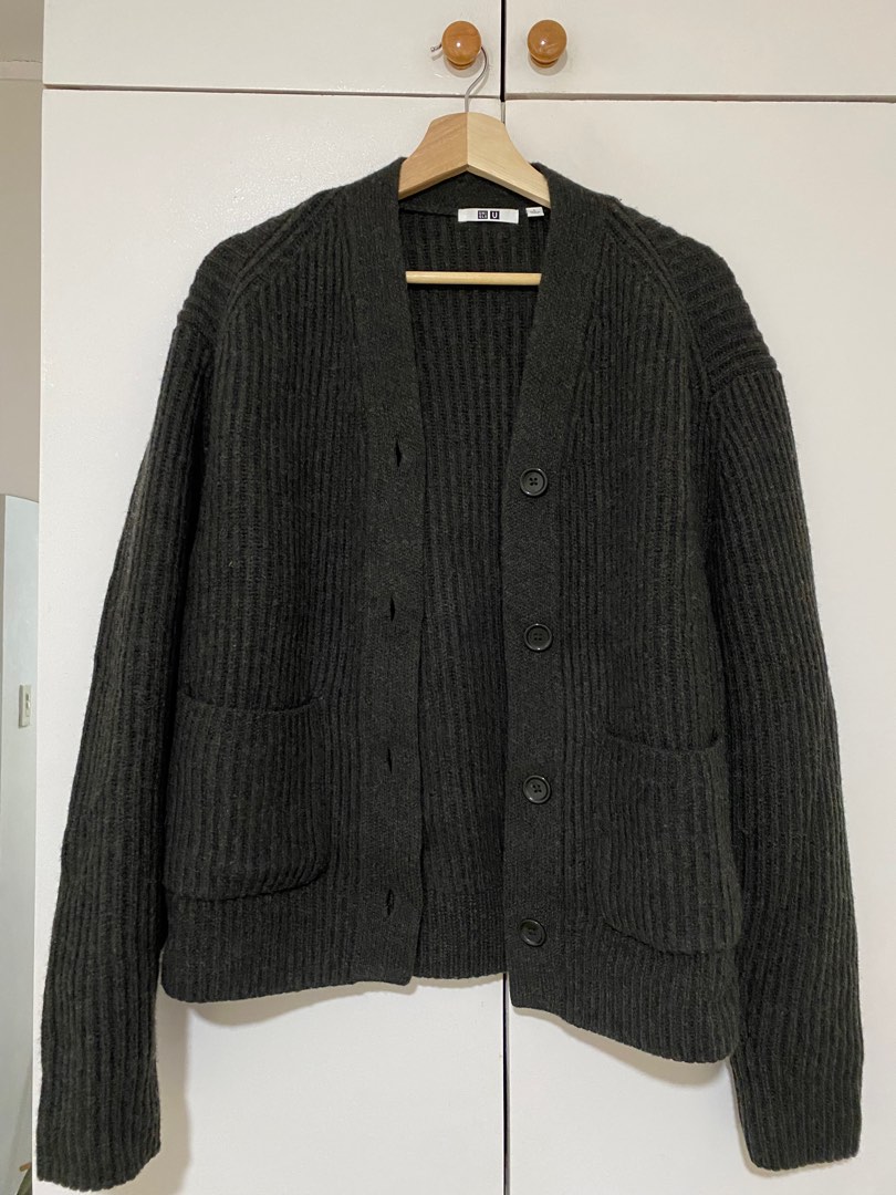Uniqlo U Lambswool Ribbed Cardigan Dark Gray, Men's Fashion, Coats ...