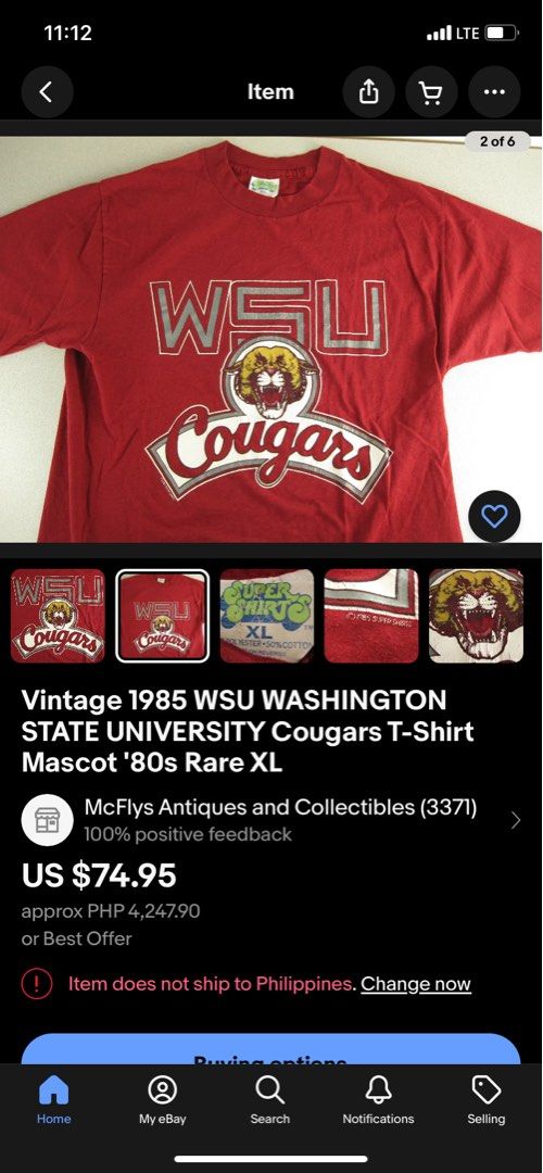 VINTAGE RARE WSU (WASHINGTON STATE UNIVERSITY) COLLEGE FOOTBALL TEE ...